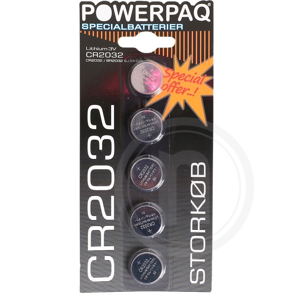 Knapcelle batterier CR2032 fra Powerpaq – Leveret med nemlig.com