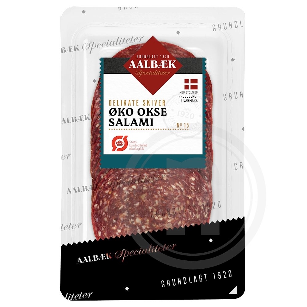 Okse salami i skiver øko. fra Aalbæk Specialiteter – Leveret med nemlig.com