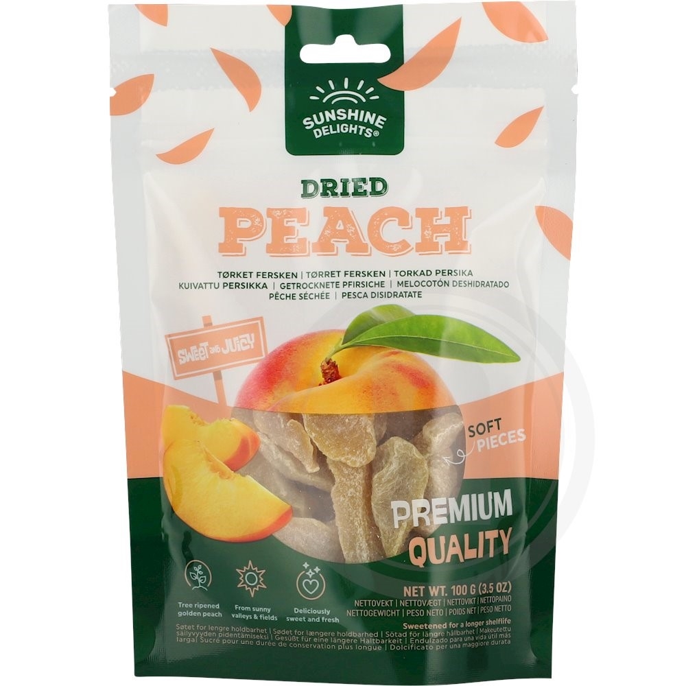 Soltørrede fersken fra Sunshine Delights – Leveret med nemlig.com